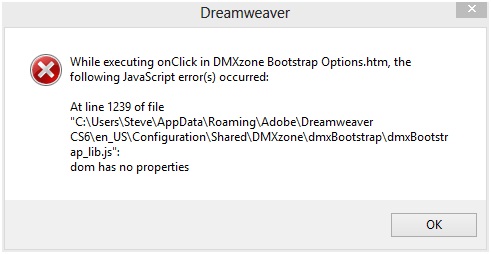 Error on Dreamweaver onClick in DMXzone Bootstrap Options - Techyv.com